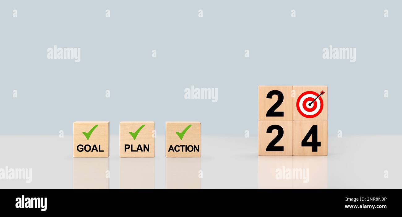 2024 Aktionsplan. Würfel mit Text 2024, Plan, Ziel, Aktion. To-do-Liste ...