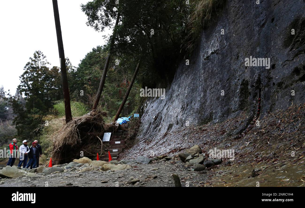 A photo shows Chiba section, geologic formation about 770,000 years ago ...