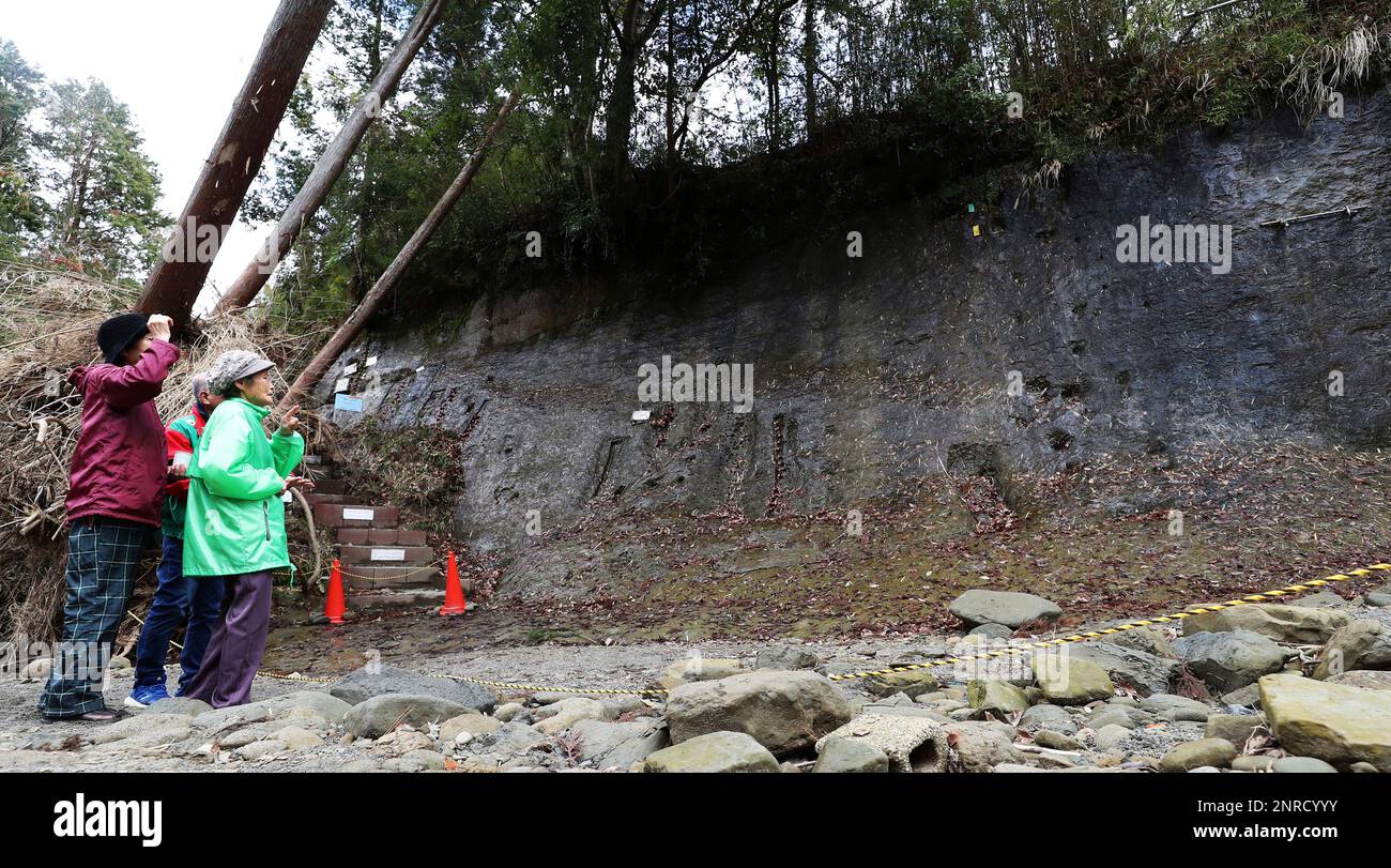 A photo shows Chiba section, geologic formation about 770,000 years ago ...