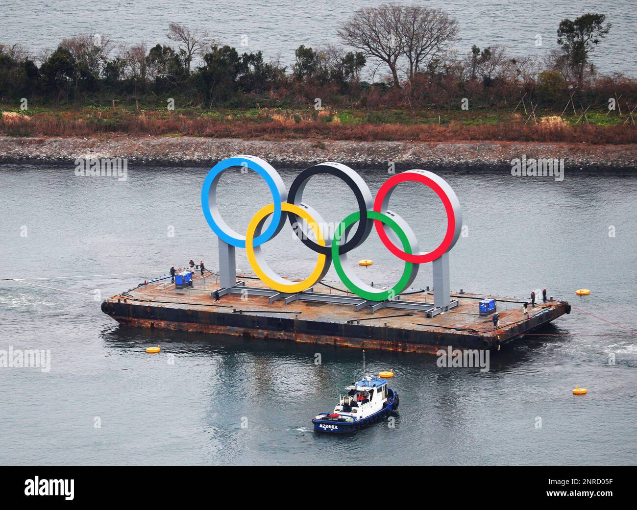An aerial photo shows a monument of five-ring emblem set up on the ...