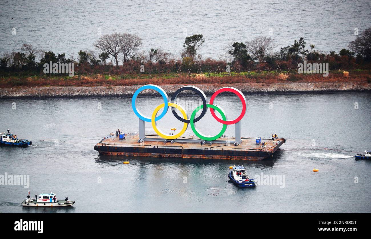An aerial photo shows a monument of five-ring emblem set up on the ...