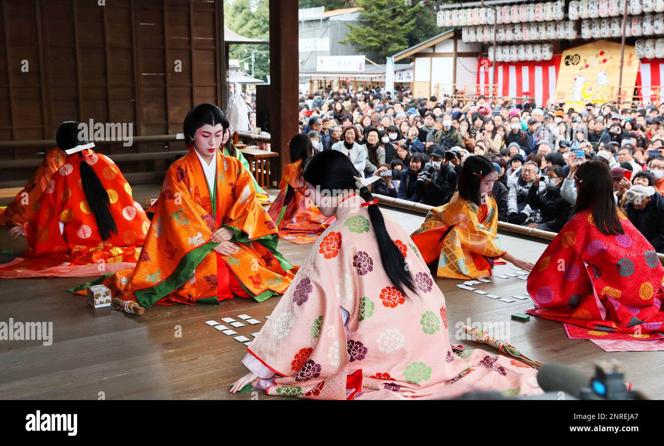 12 female wearing ancient costume attend "karuta hajime", the Japanese ...