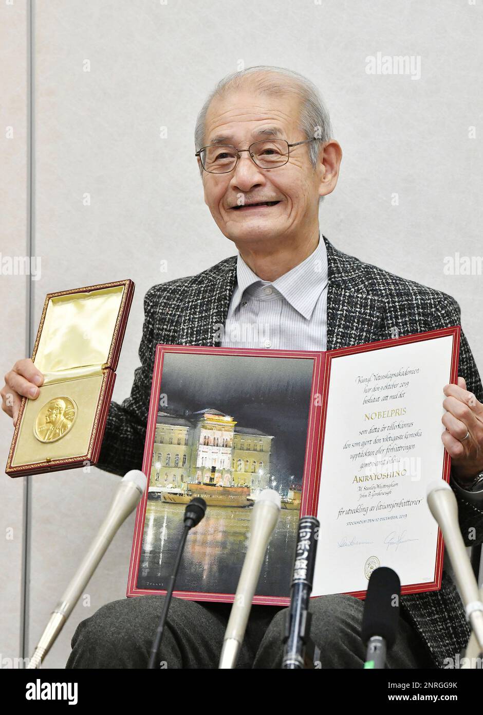 Japanese scientist Akira Yoshino, 71, speaks to media after arriving at ...