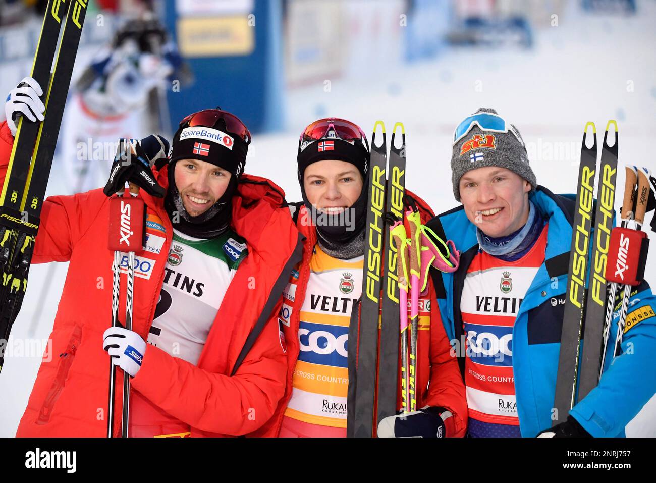 Winner Johannes Hoesflot Klaebo of Norway, center, 2nd placed Emil ...