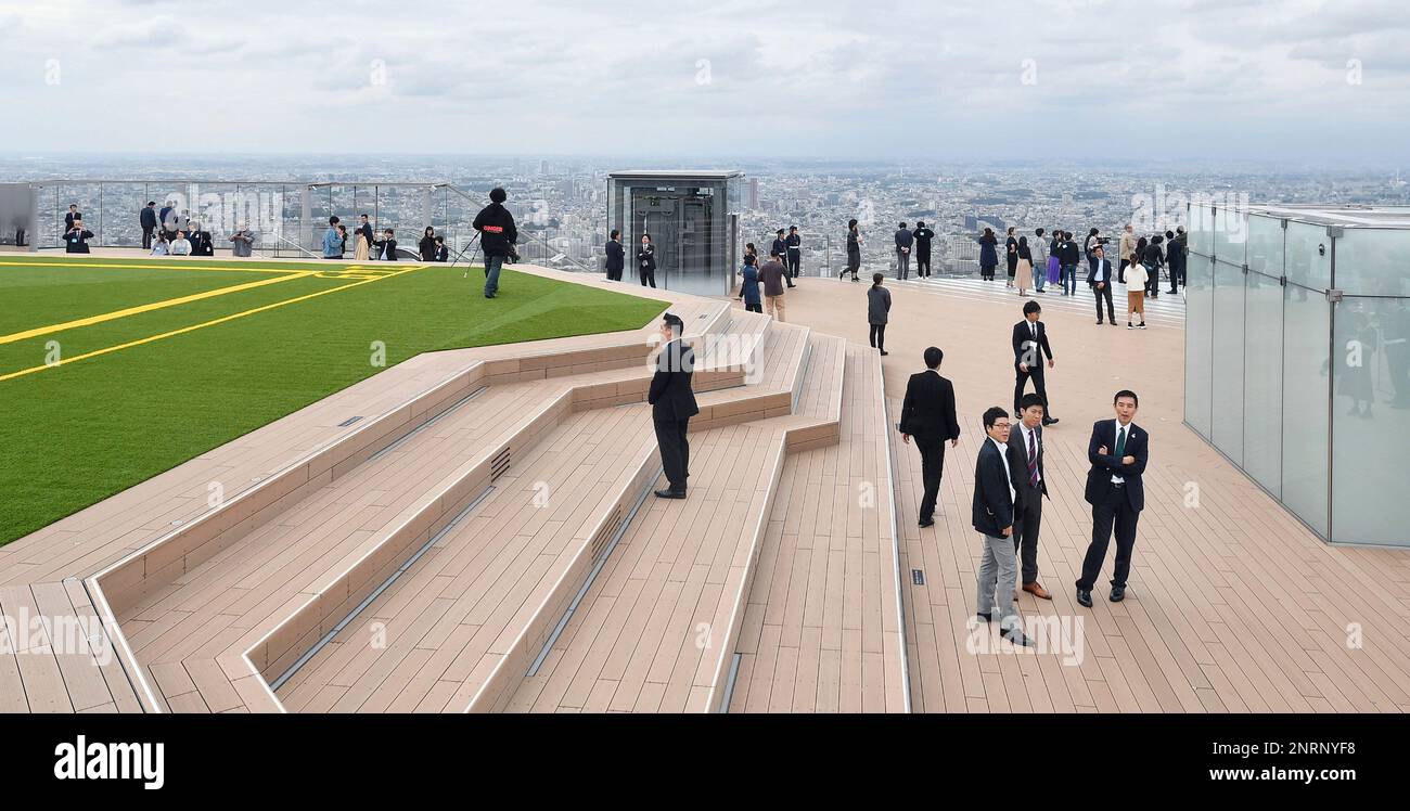 Visitors climb up " Shibuya Sky" on the rooftop of Shibuya Scramble ...