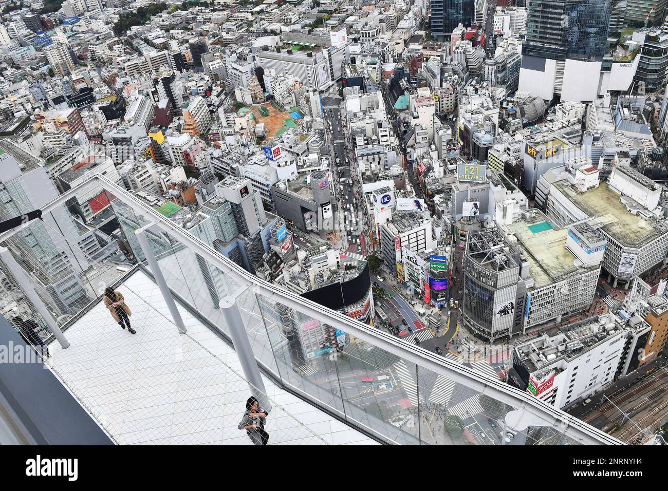 Visitors climb up " Shibuya Sky" on the rooftop of Shibuya Scramble ...