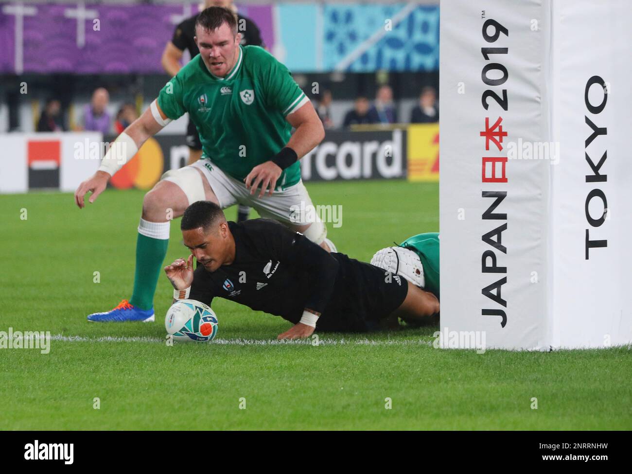 Aaron Smith of New Zealand scores a try in the first half of the 2019 ...