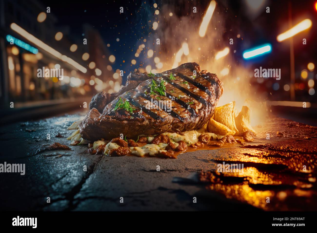 Gegrilltes Steak mit Soße und Kartoffeln auf Asphalt gelegt, um die ...