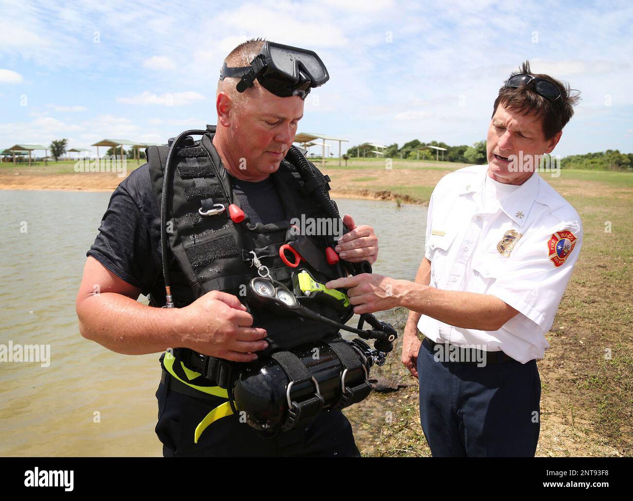 In this June 25, 2019 photo Waco fire Lt. Mike Herbert, left, situates ...