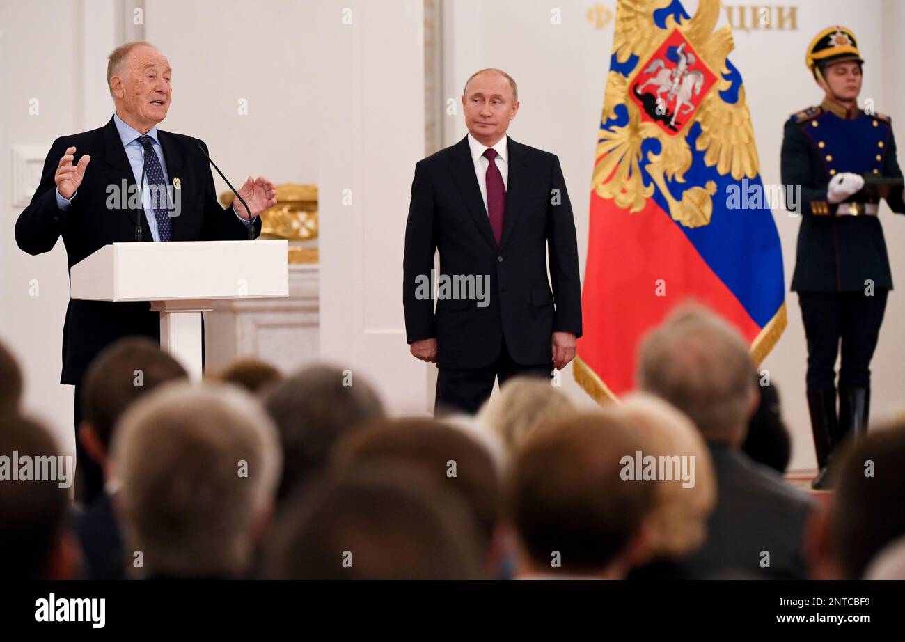 Russian composer Rodion Shchedrin, left, gestures while speaking as ...