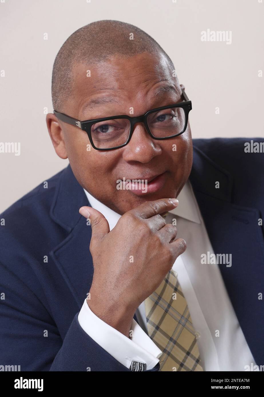 Wynton Marsalis, an American trumpeter speaks during an interview in Minato Ward, Tokyo on May ...