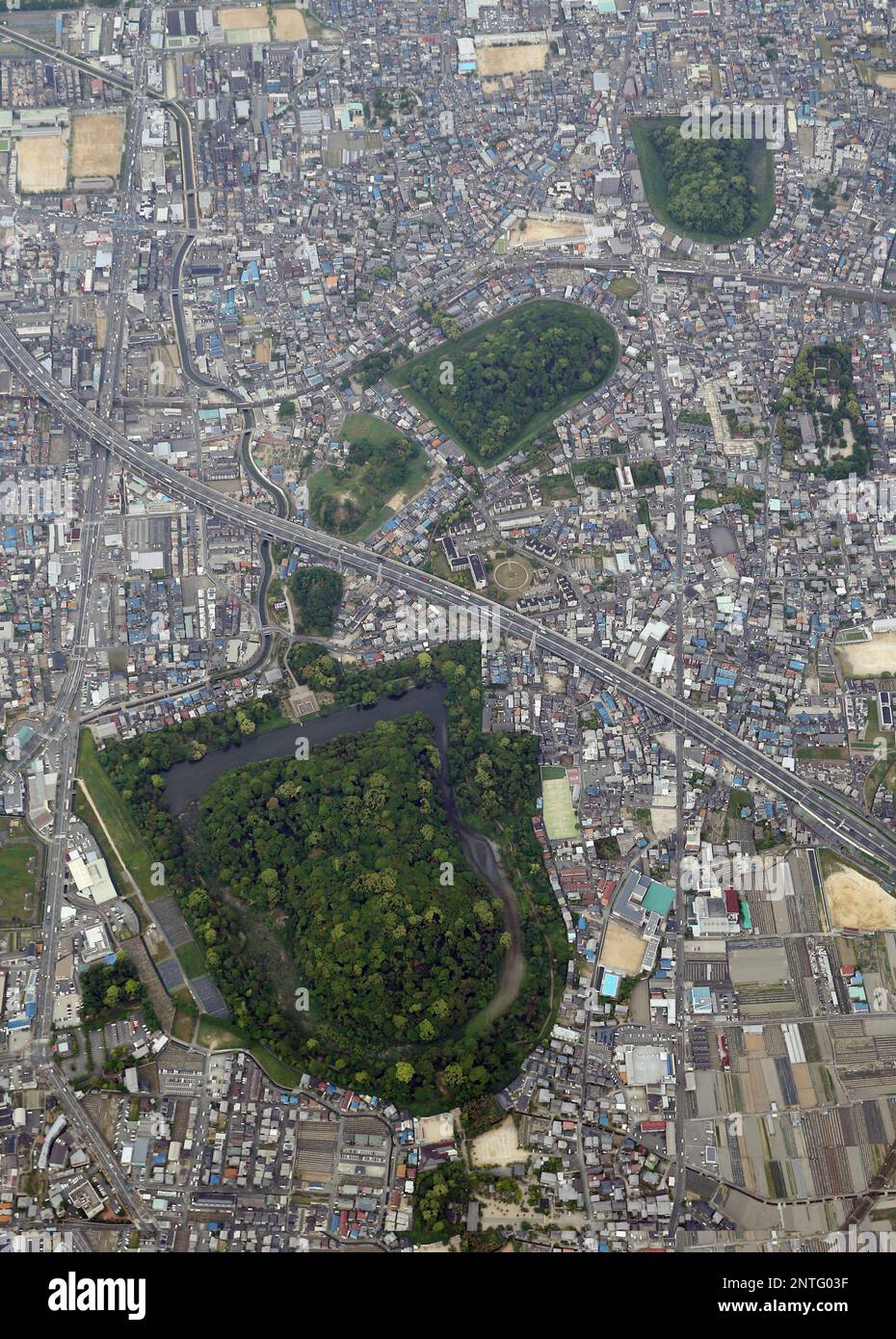 An aerial photo shows the mausoleum that is believed to be Emperor Ojin ...