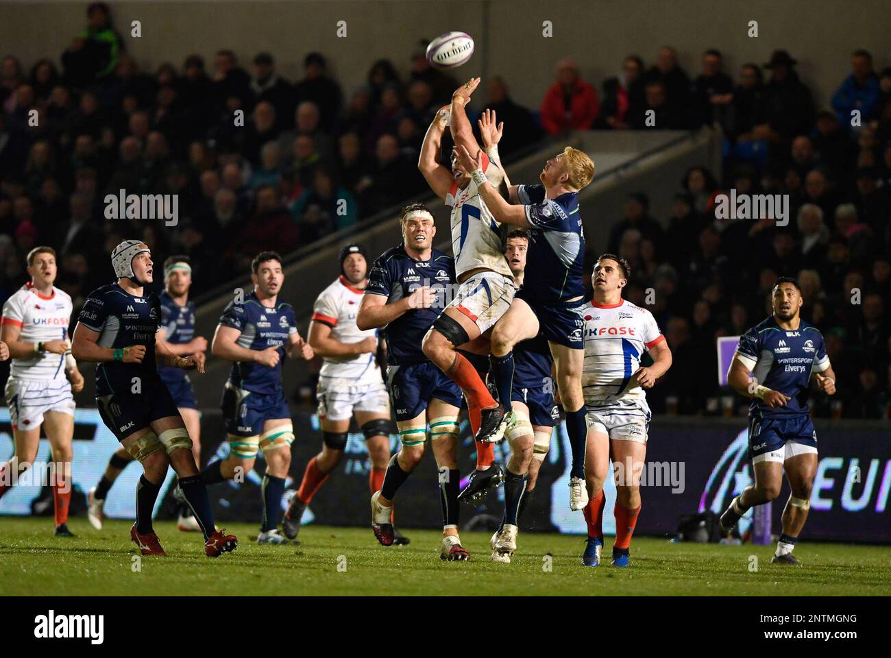 Sale Sharks flanker Jonno Ross competes for a high ball with Connacht ...