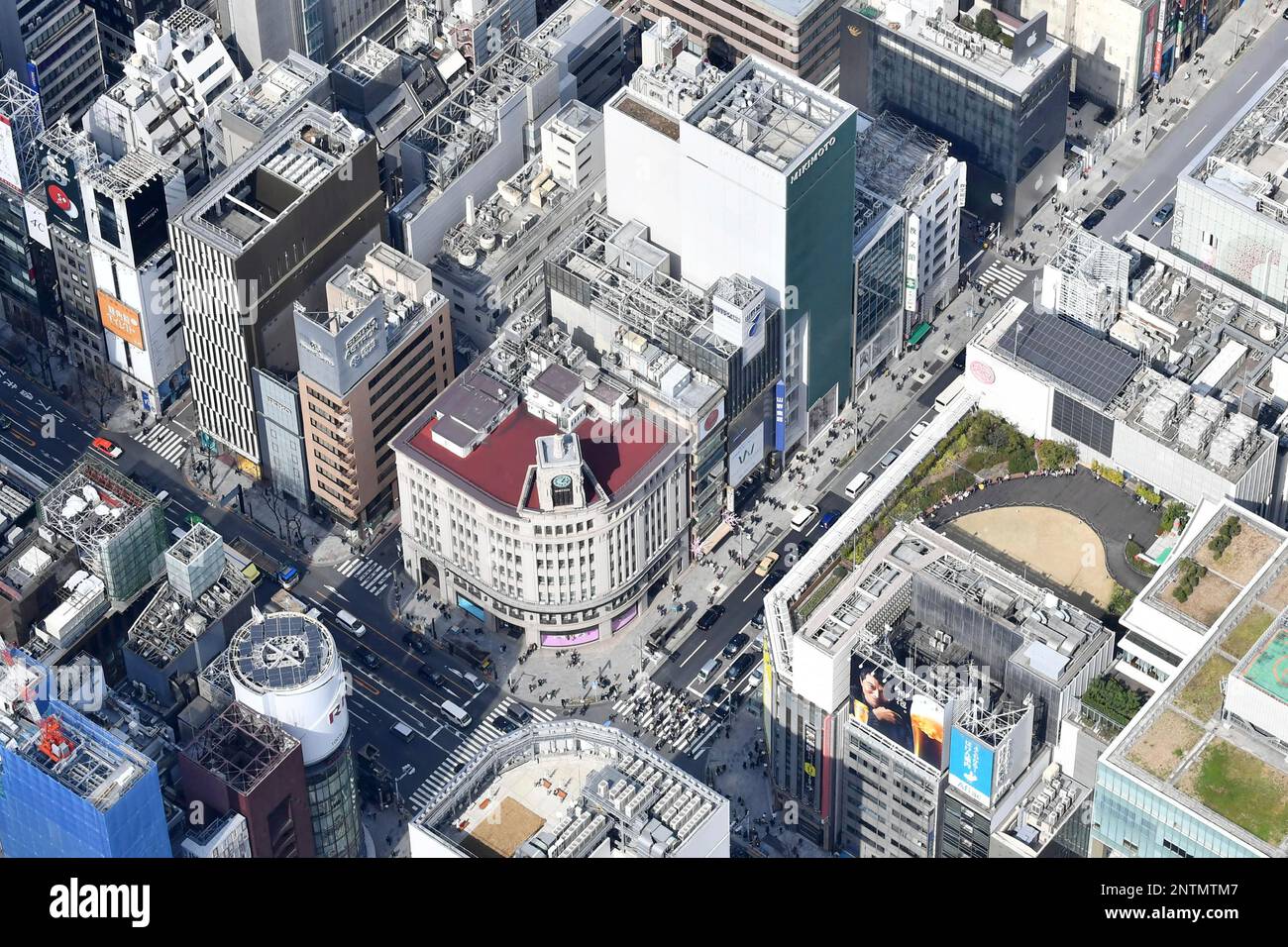 An aerial photo shows the center of Ginza area in Tokyo on March 14 ...