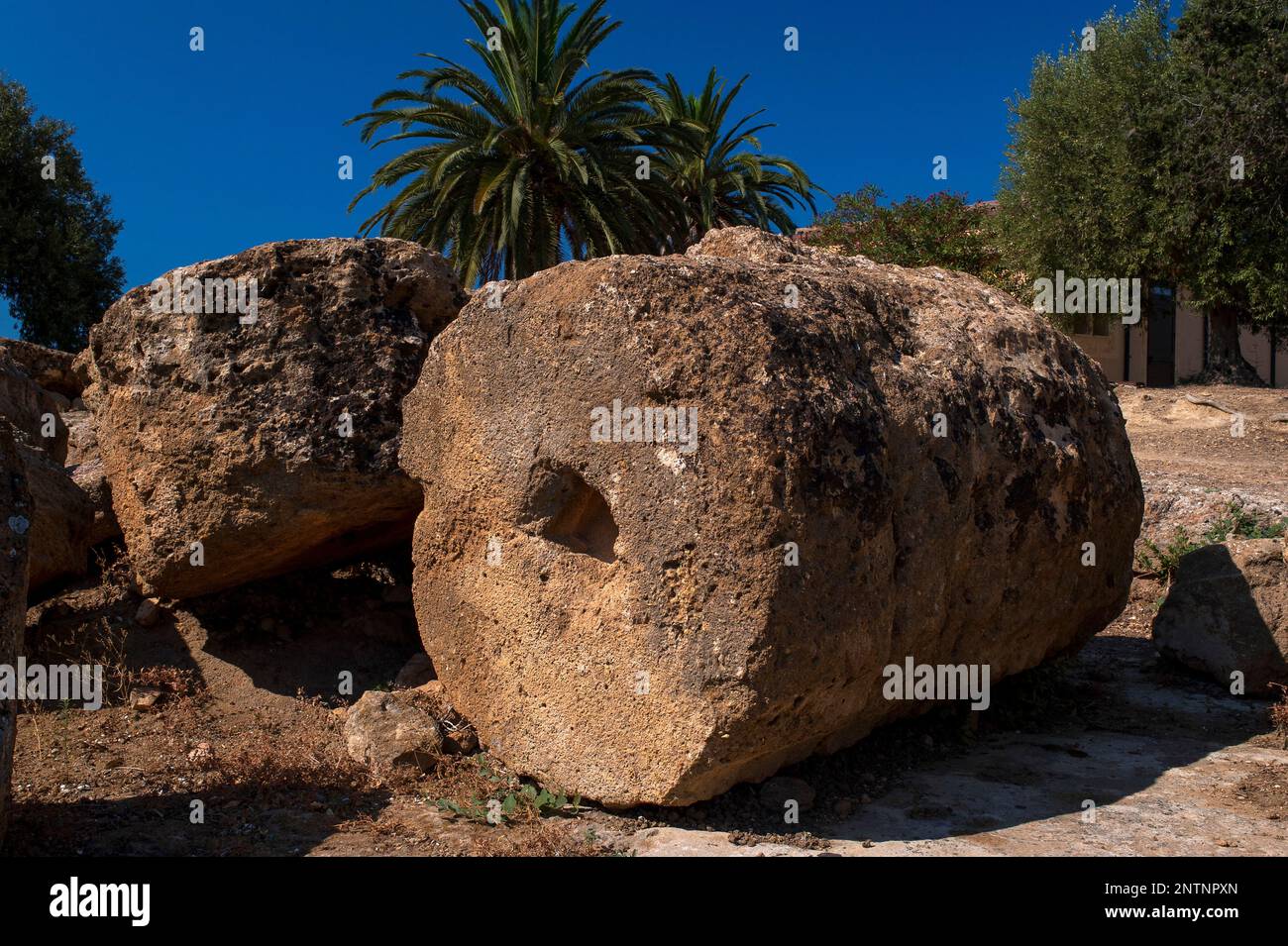 Entsteinte Trommeln aus gewölbten dorischen Säulen liegen am Rand eines ...