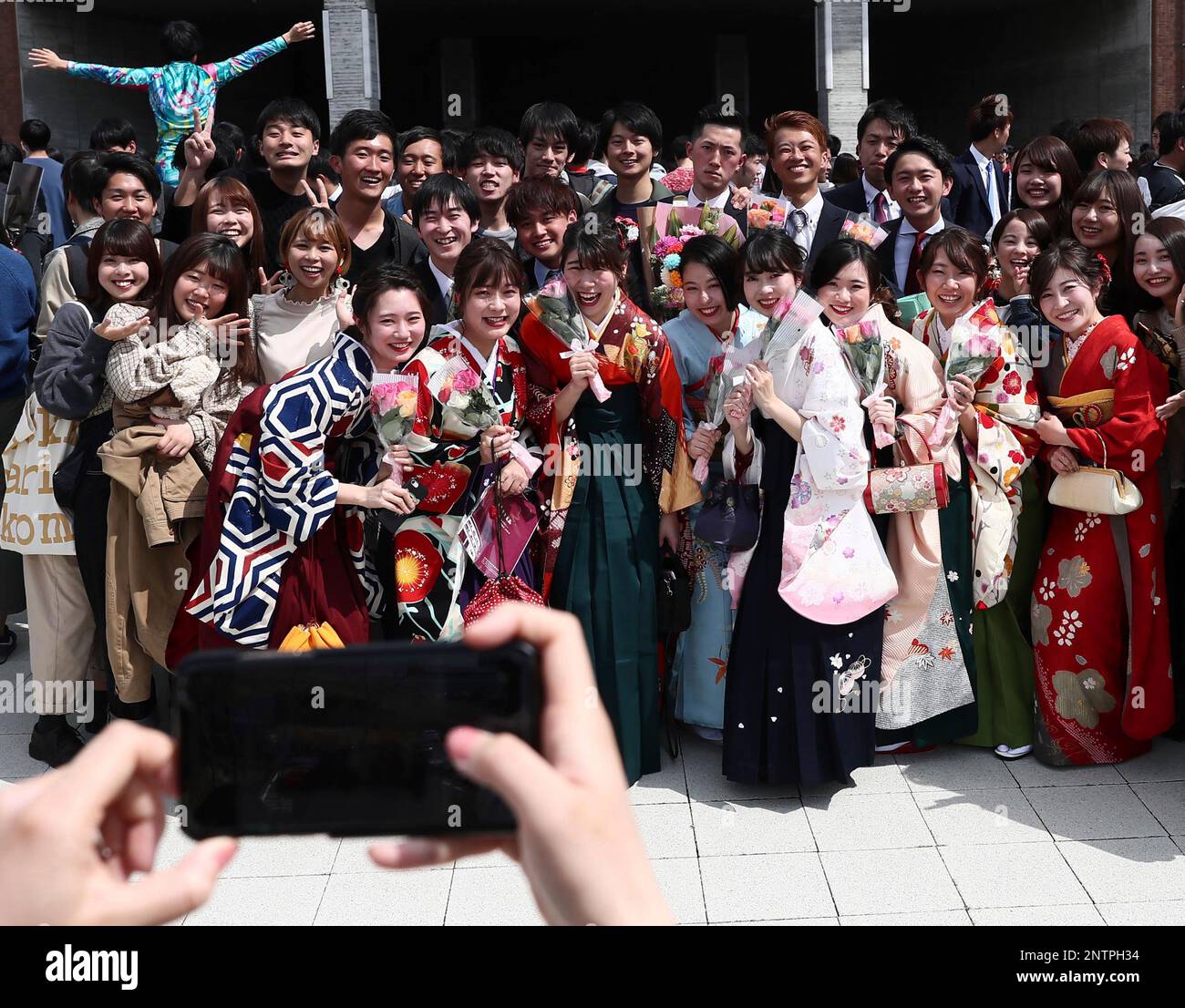 Female graduate students of Kyushu University, wearing a montsuki and ...