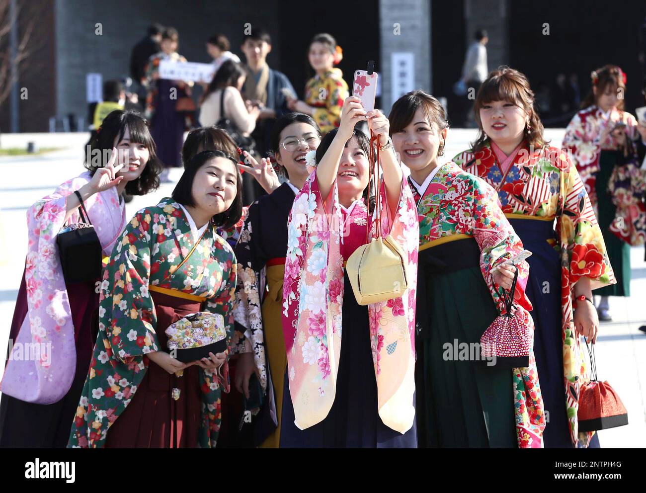 Female graduate students of Kyushu University, wearing a montsuki and ...