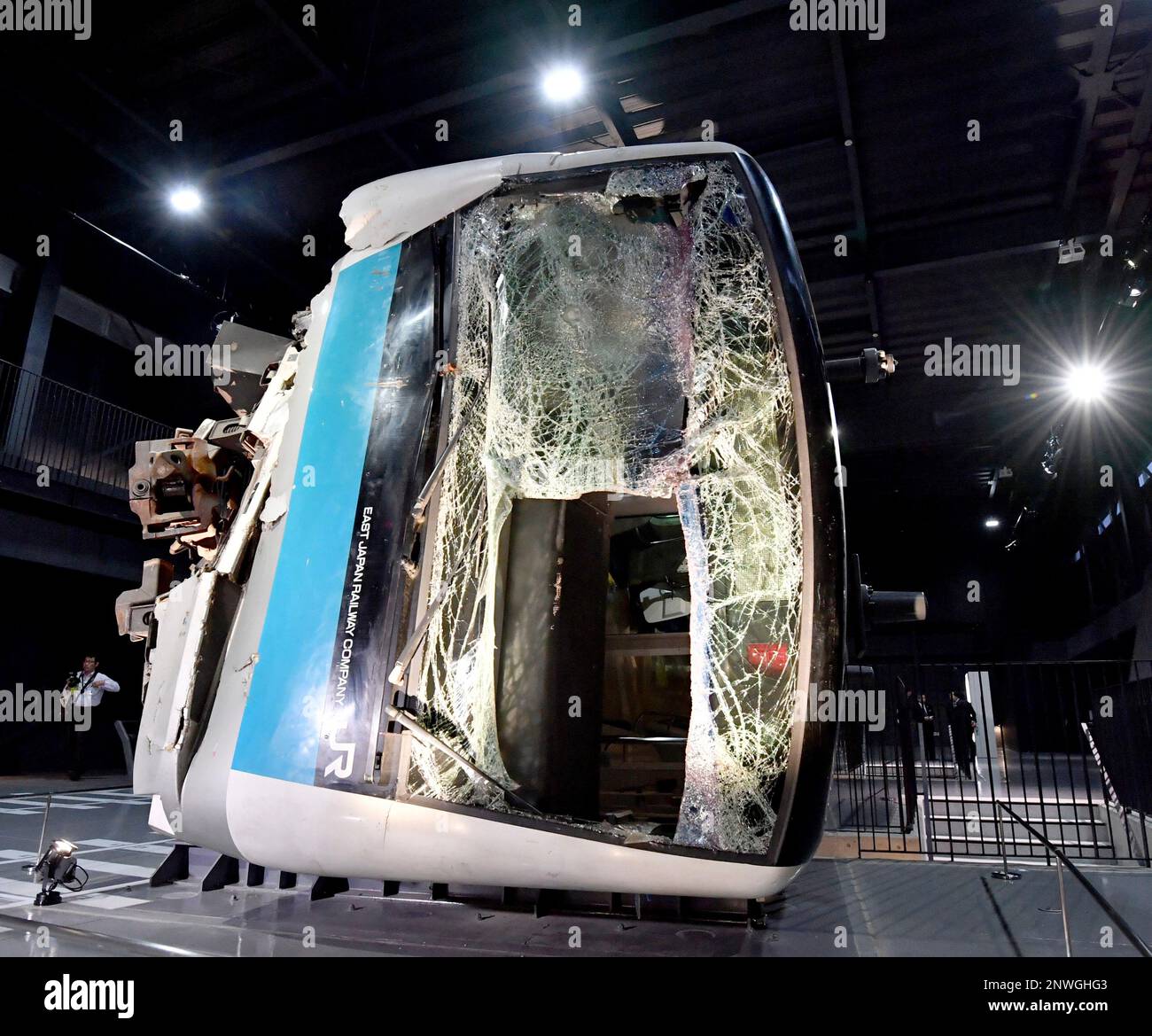 Damaged Keihin Tohoku Line is placed at a facility to display trains ...