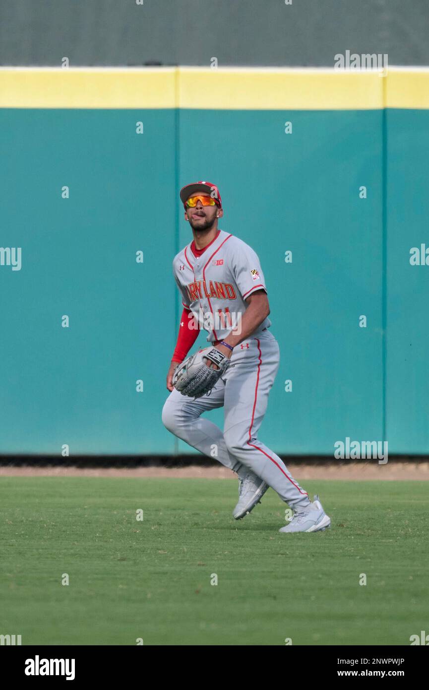 Maryland Terrapins outfielder Elijah Lambros (11) gets under a fly ball ...
