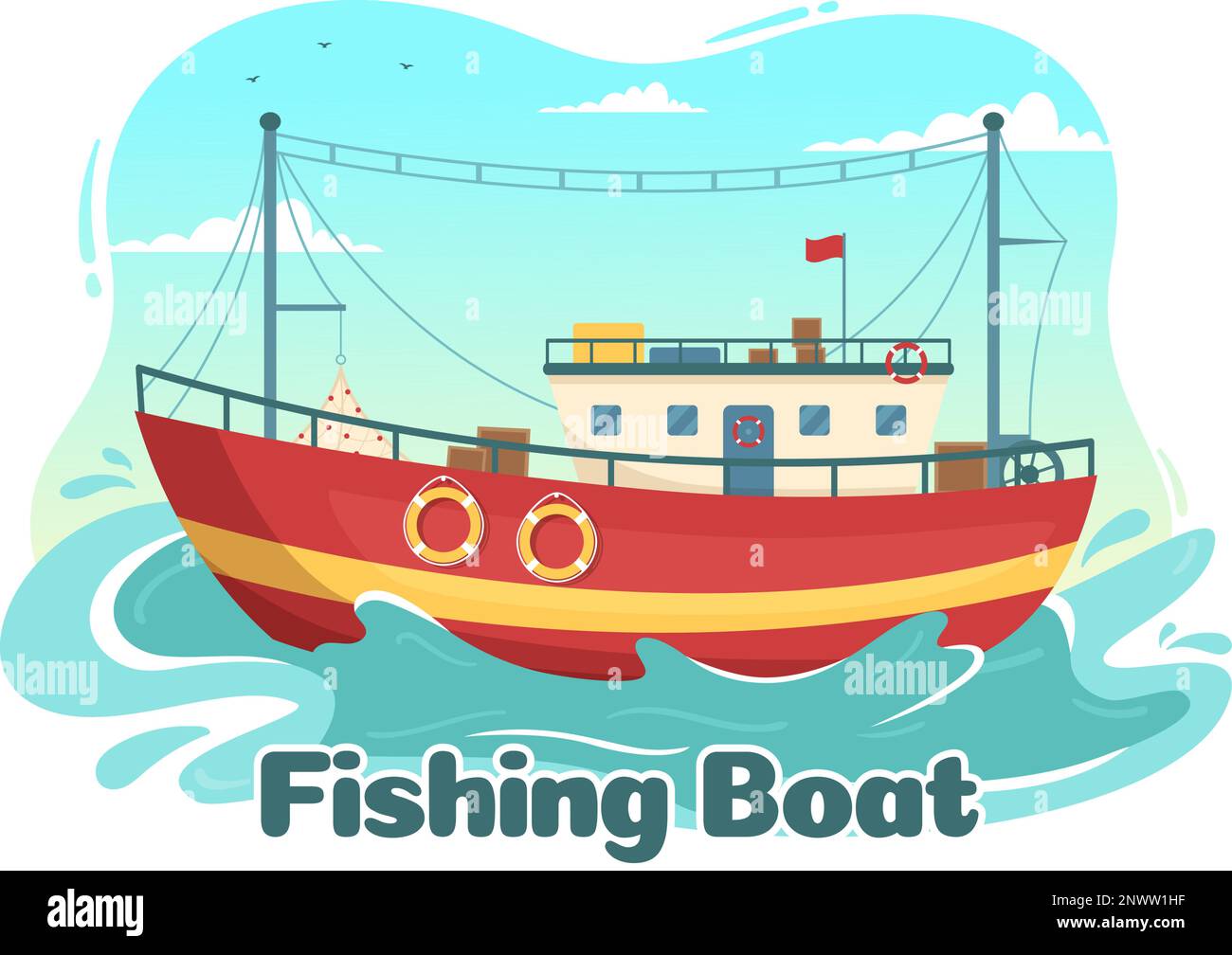Anglerboot-Illustration mit Fischern, die Fische jagen, indem sie ...