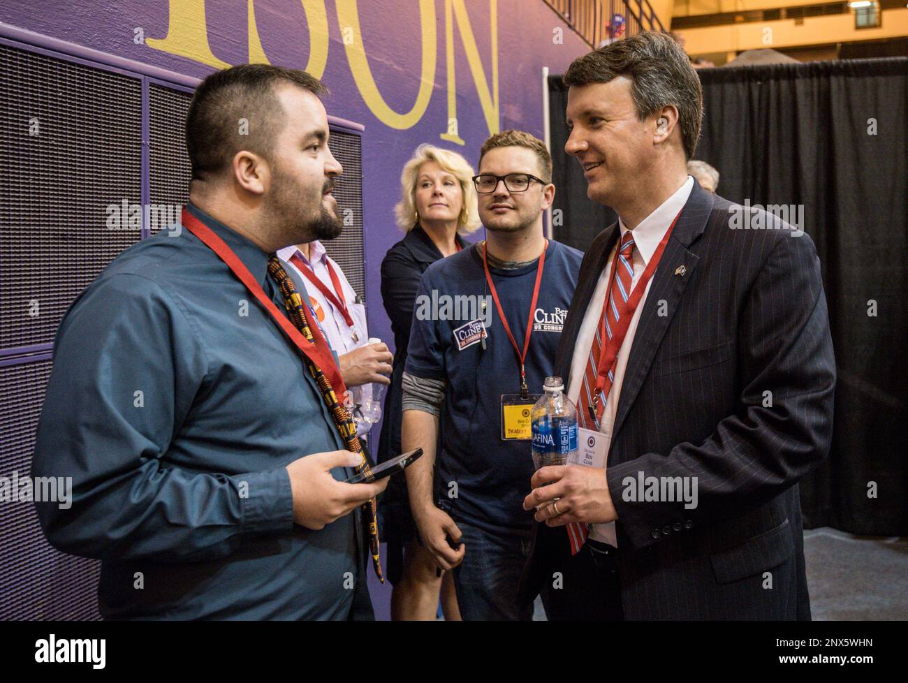 Republican House of Representatives hopeful Ben Cline, right, chats ...