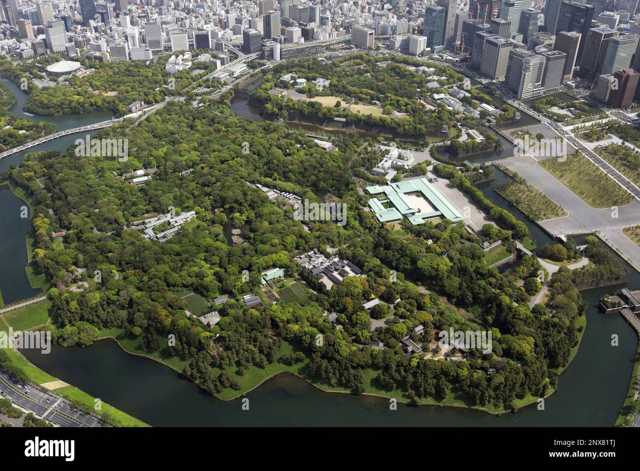 An aerial photo taken on April 16, 2018 shows Imperial Palace in Tokyo ...