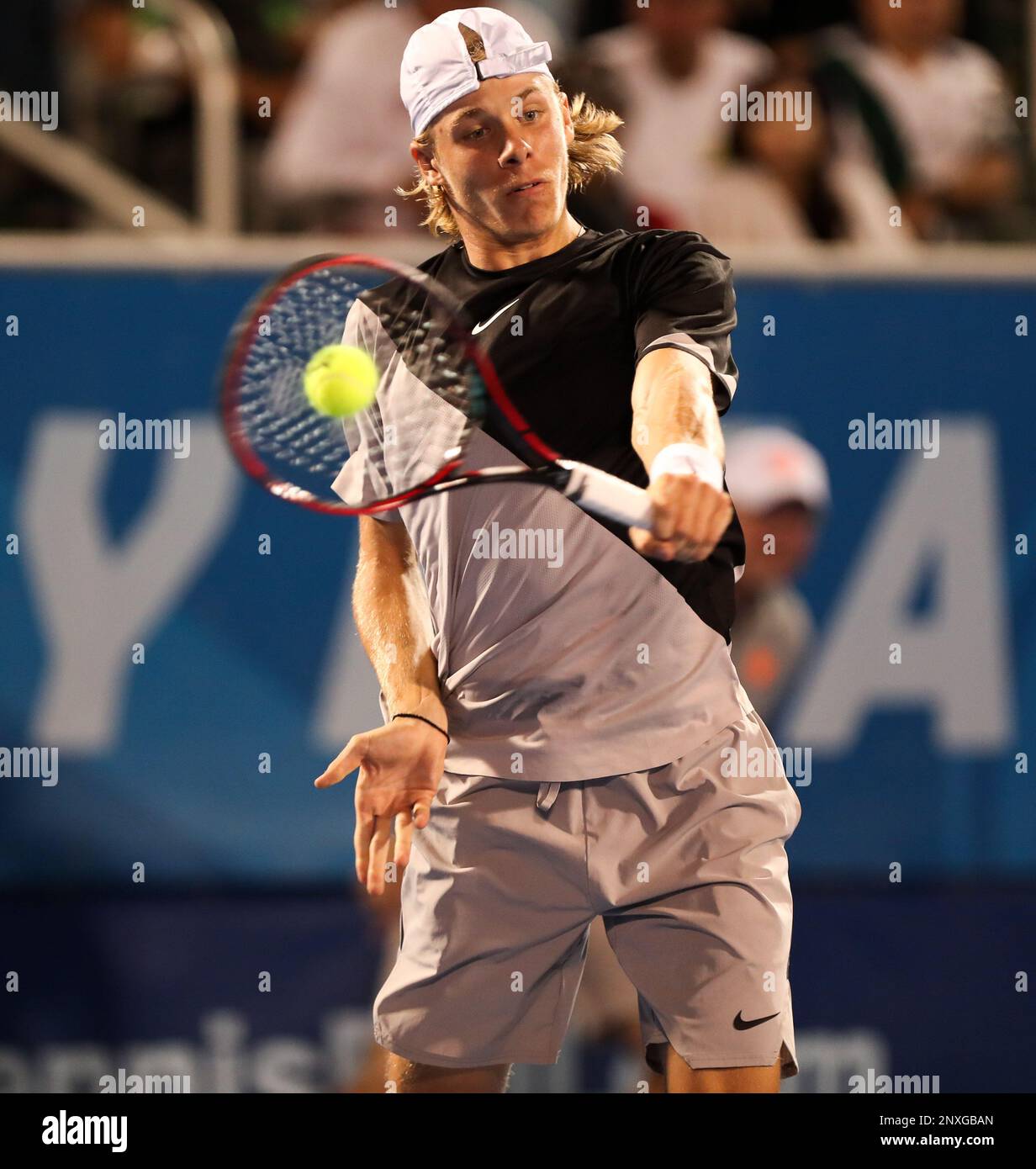 February 23, 2018: Denis Shapovalov, of Canada, hits a backhand against Taylor Fritz, of the ...