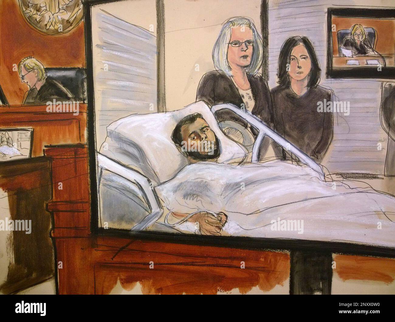 In this courtroom sketch, defendant Akayed Ullah is seen on a video ...
