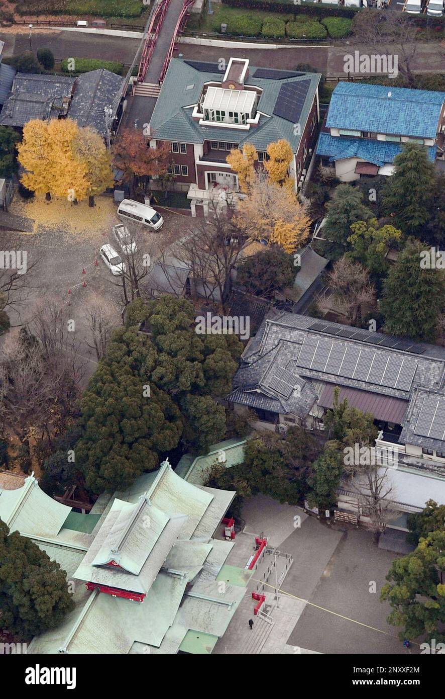 An aerial photo shows Tomioka Hachiman Shrine, one of the largest ...