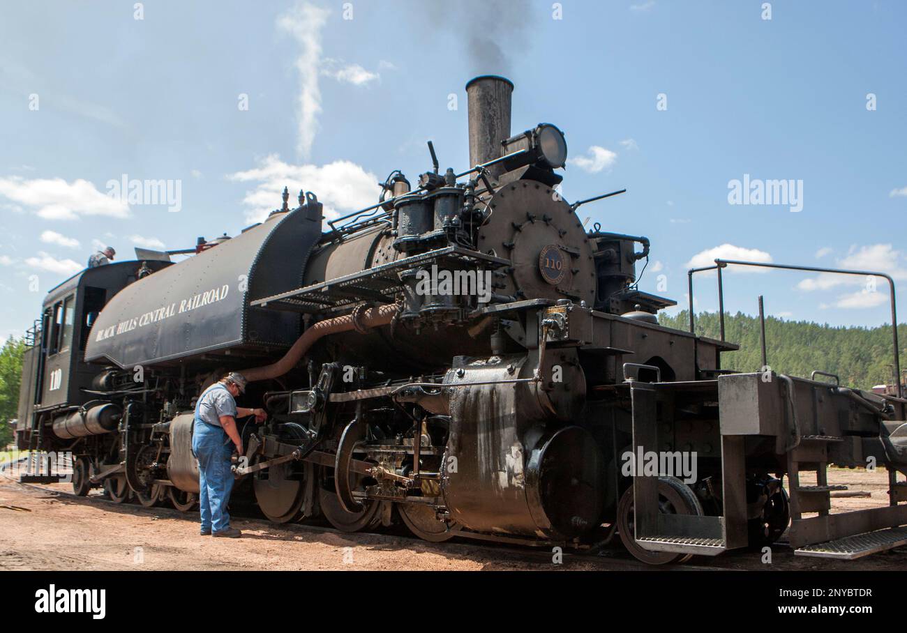 In this Aug. 16, 2017, photo, the Black Hills Central Railroad engine ...