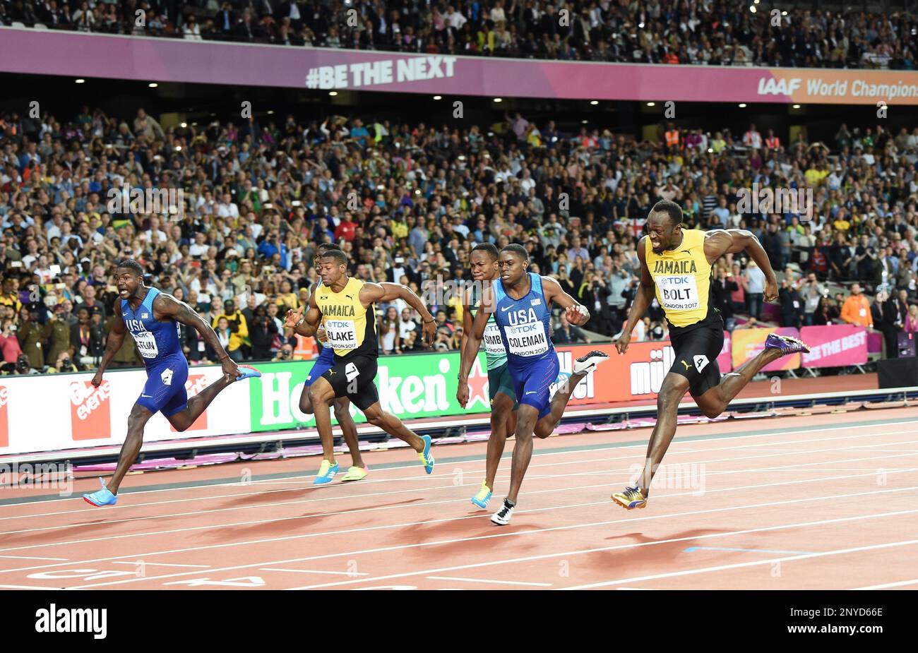 Justin Gatlin (USA), left, defeats Christian Coleman (USA), Usain Bolt (JAM) to win the 100m in ...