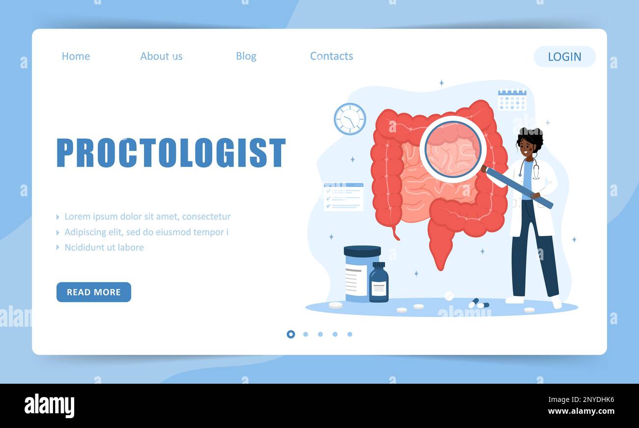 Proktologenkonzept. Landing-Page-Vorlage. Eine Ärztin mit Lupe ... Proktologenkonzept. Landing-Page-Vorlage. Eine Ärztin mit Lupe ...