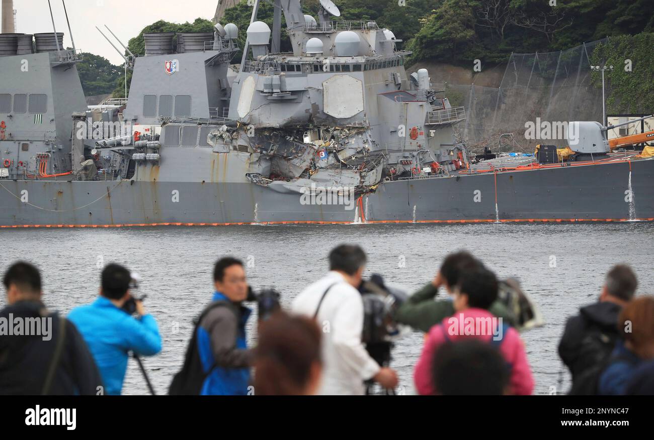 The USS Fitzgerald, damaged by the collision with the Philippine cargo ...