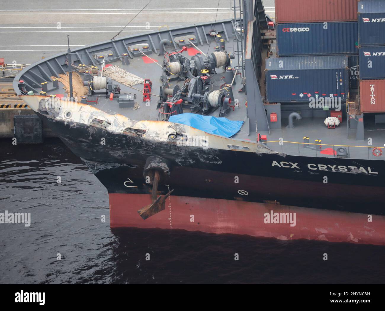 This aerial photo shows the Philippine cargo ship ACX CRYSTAL, damaged ...