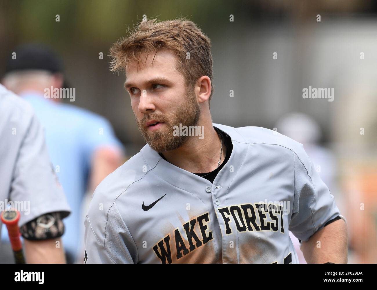 CORAL GABLES, FL - APRIL 2: Wake Forest catcher Logan Harvey (15) hit a ...