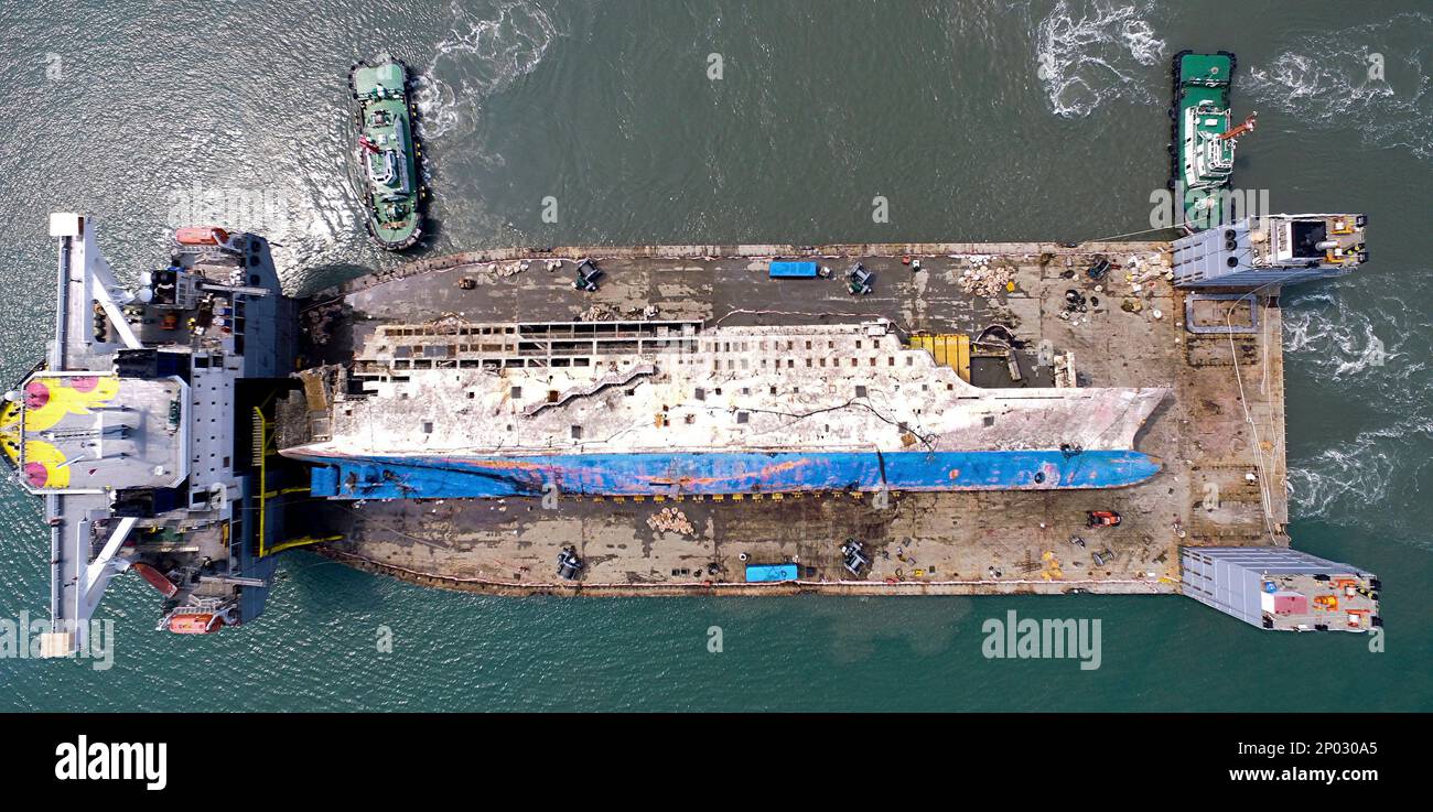 In this Friday, March 31, 2017, photo, the sunken ferry Sewol is seen ...