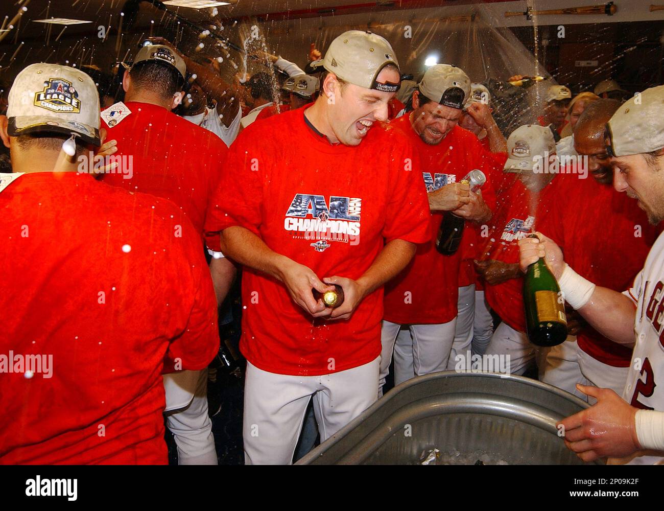 13 Oct. 2002: Anaheim Angels rookie pitcher John Lackey (41) celebrates ...