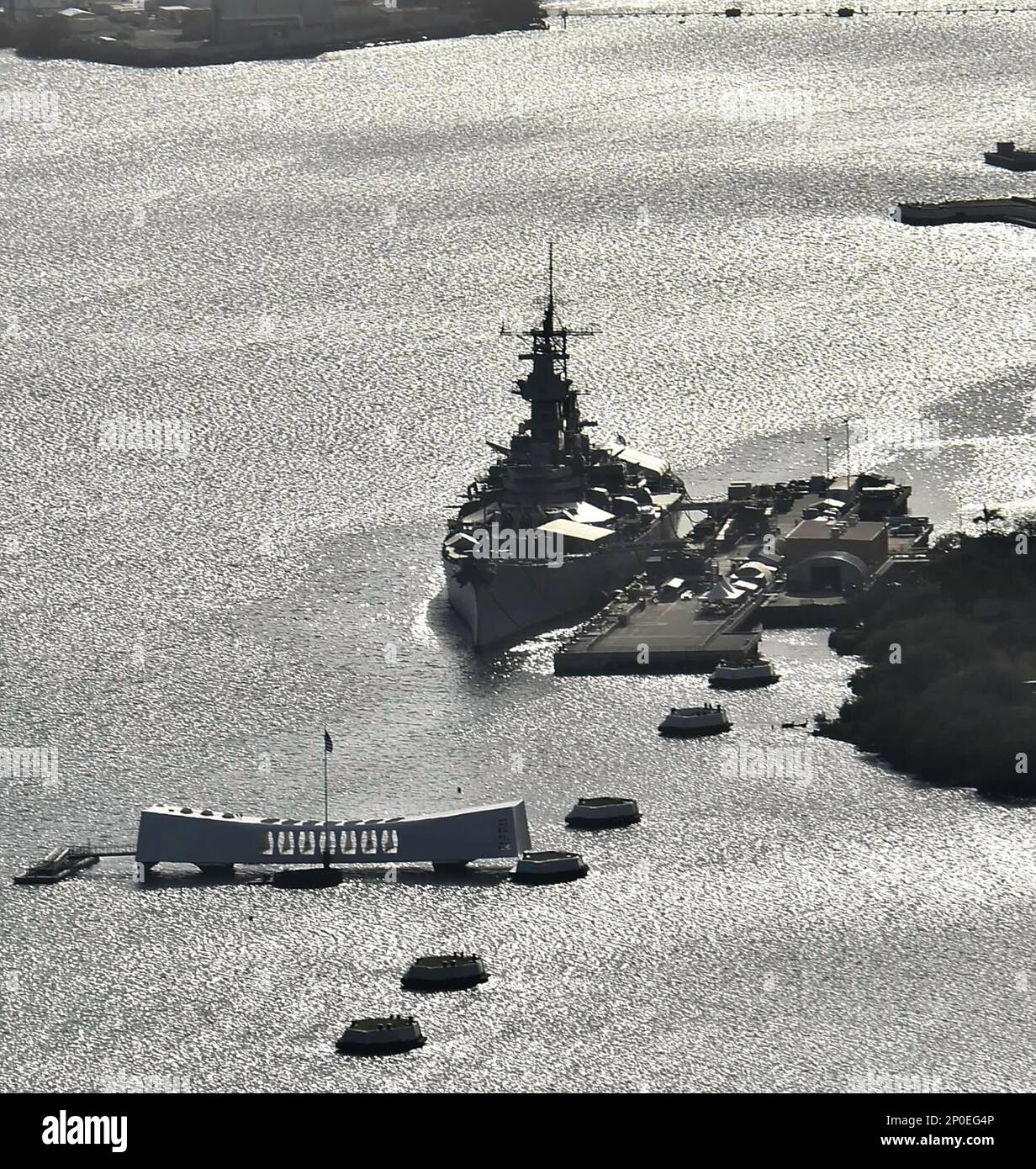 An aerial photo shows the silhouettes of USS Missouri(C) and USS ...