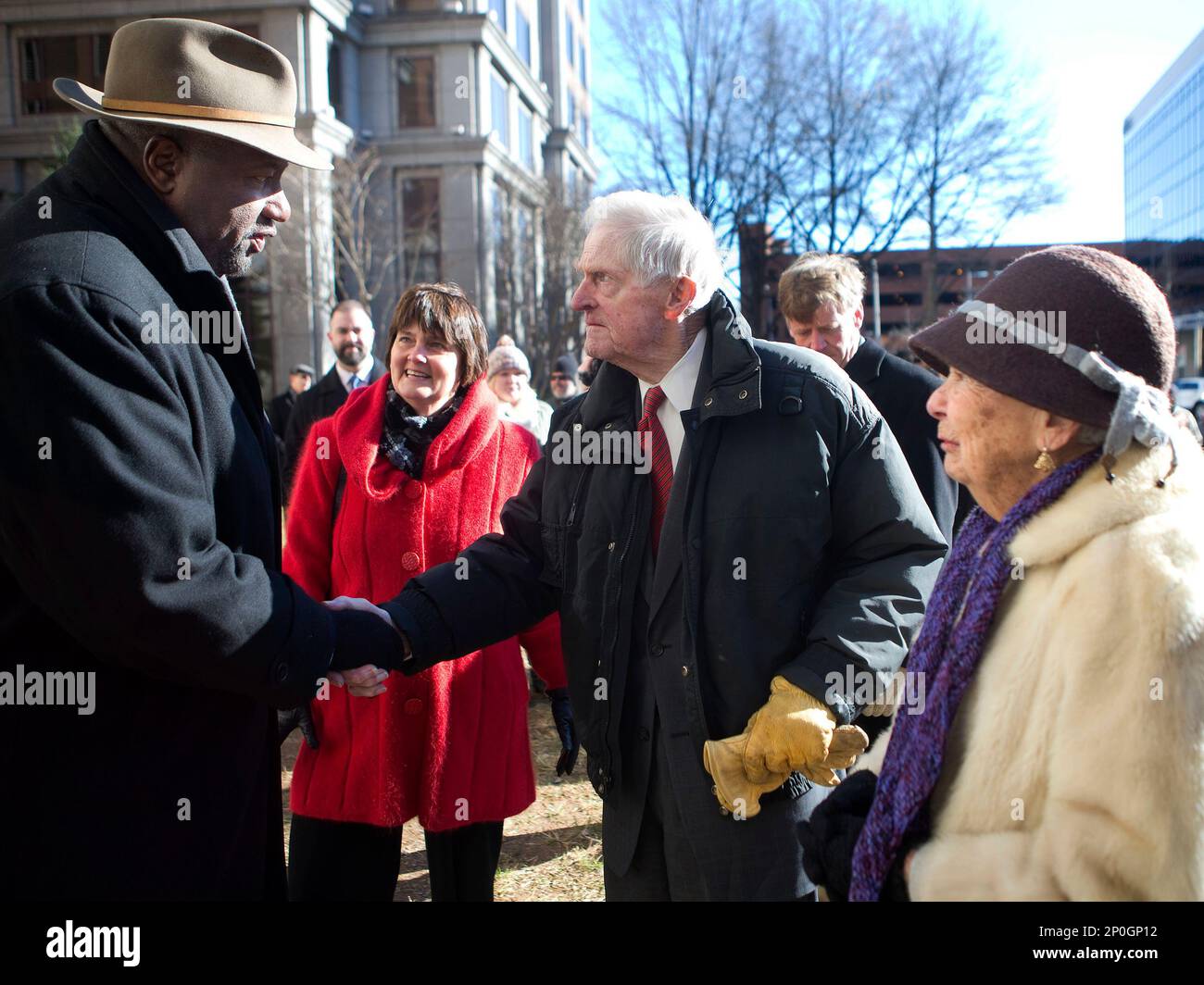Roanoke Mayor Sherman Lea welcomes former Gov. Linwood Holton, with his ...