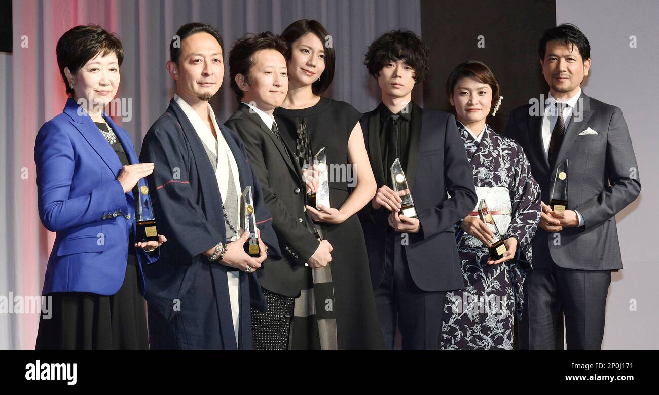 (L-R) Yuriko Koike, Tokyo Gov., Tadahiko Okazaki, president of Familiar, Ltd., Hirohiko Araki ...