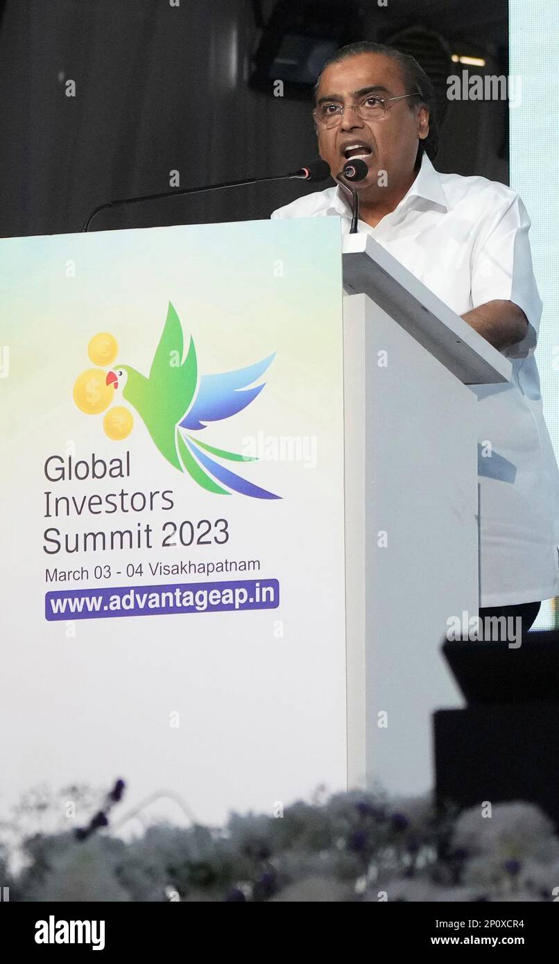 Chairman of Reliance Industries Limited Mukesh Ambani speaks during the Global Investors Summit ...