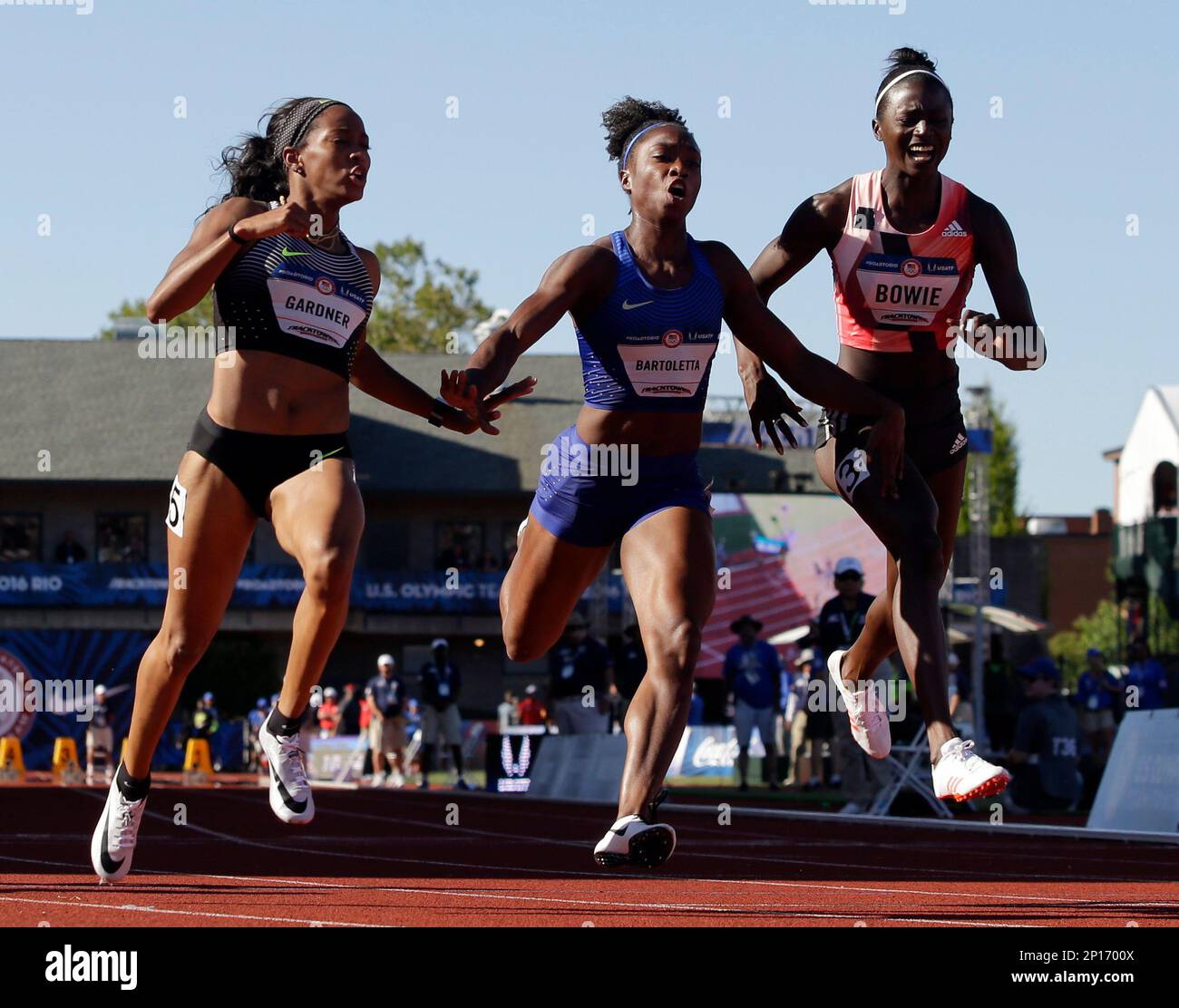 English Gardner, winner, from left, second place, Tianna Bartoletta ...