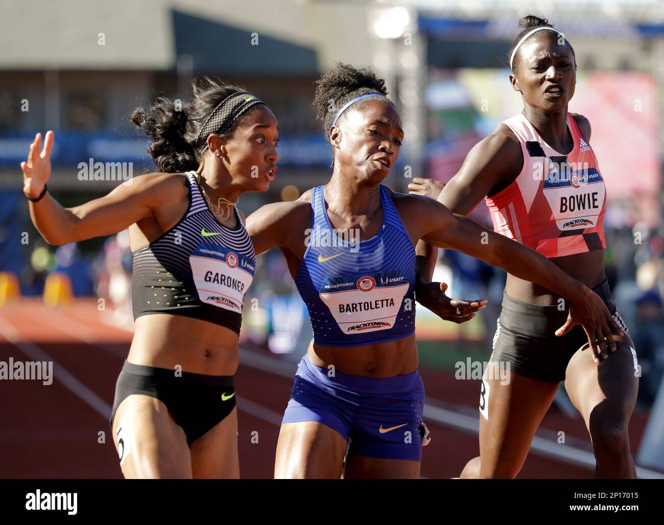 English Gardner, winner, from left, second place, Tianna Bartoletta ...
