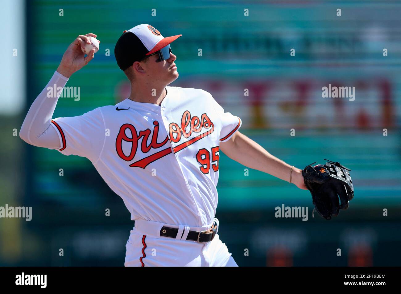 Baltimore Orioles third baseman Coby Mayo (95) throws to first base ...