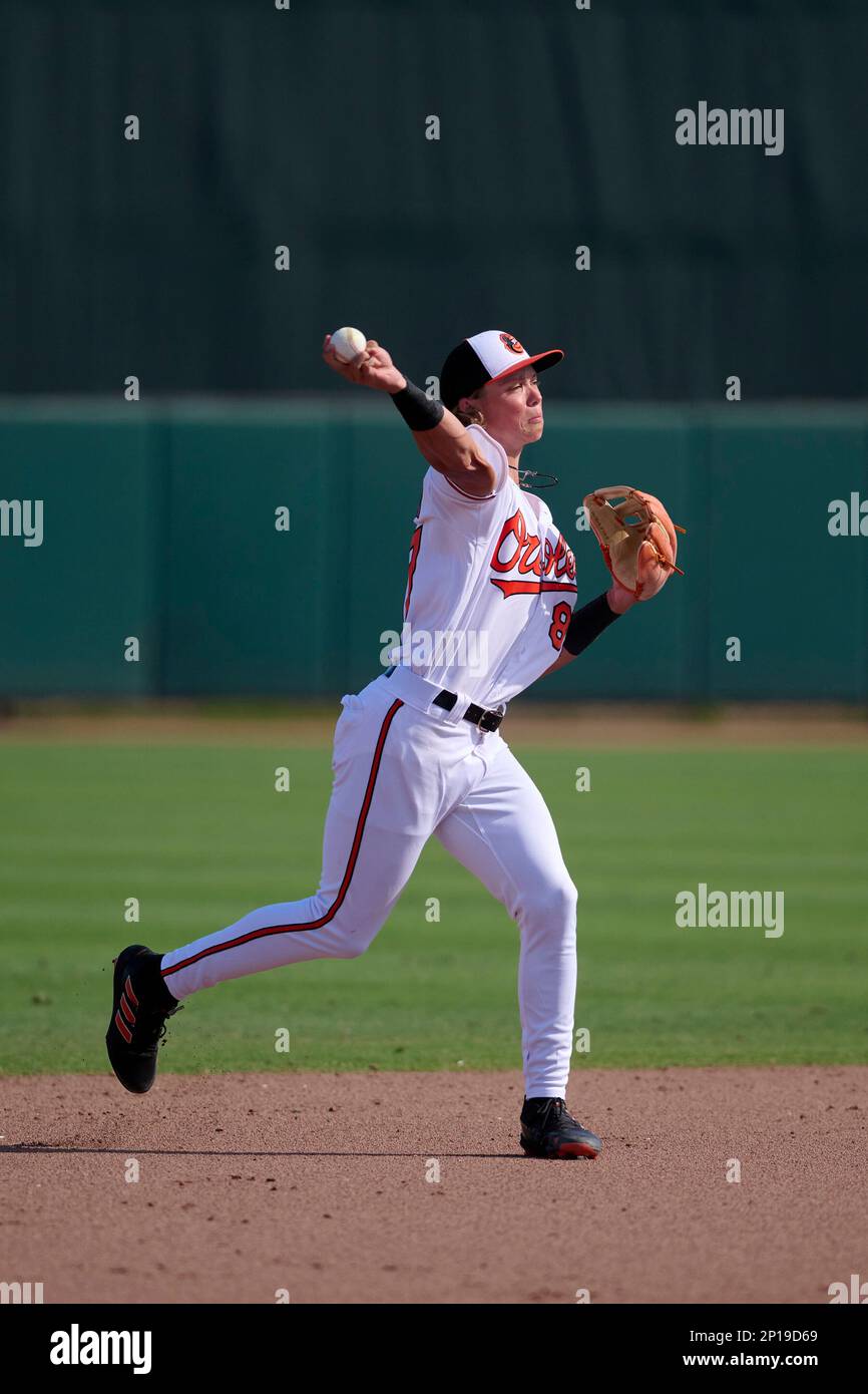 Baltimore Orioles shortstop Jackson Holliday (87) throws to first base ...