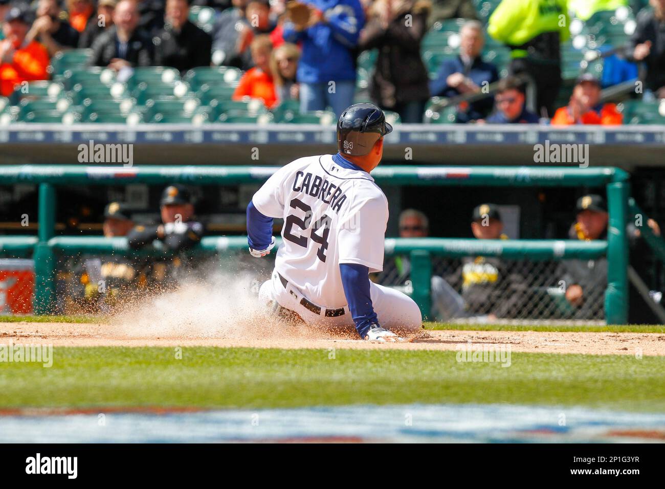 April 12, 2016: Detroit Tigers first baseman Miguel Cabrera (24) slides ...