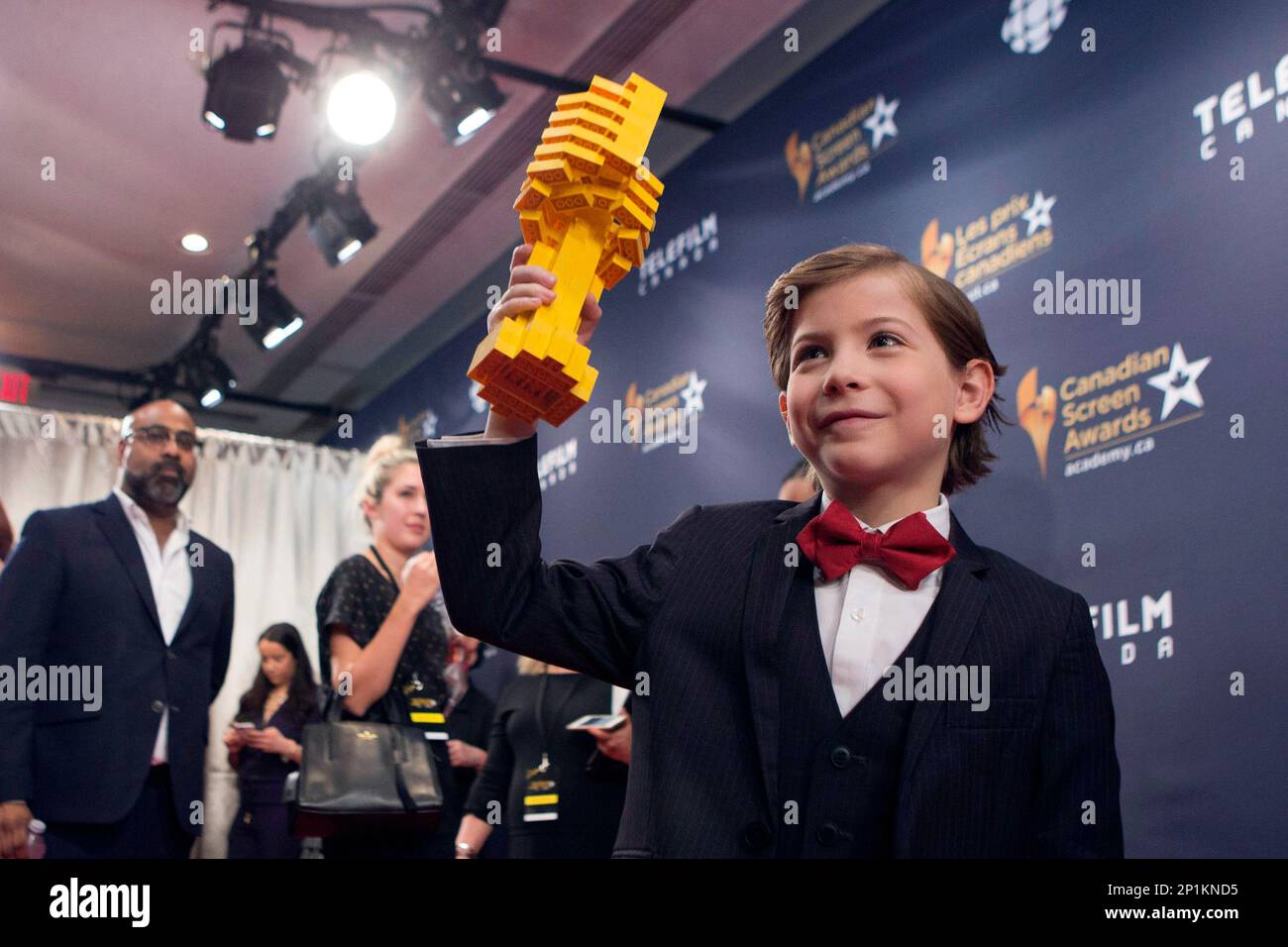 Jacob Tremblay holds a Lego model of a Canadian Screen Award, which was ...
