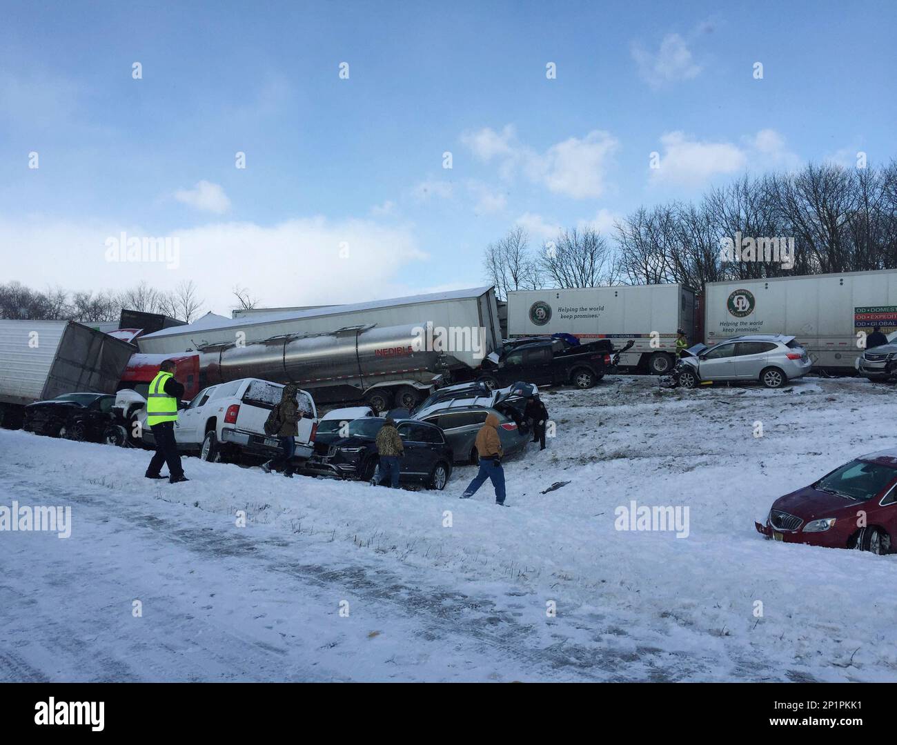Vehicles pile up at the site of a fatal crash near Fredericksburg, Pa ...