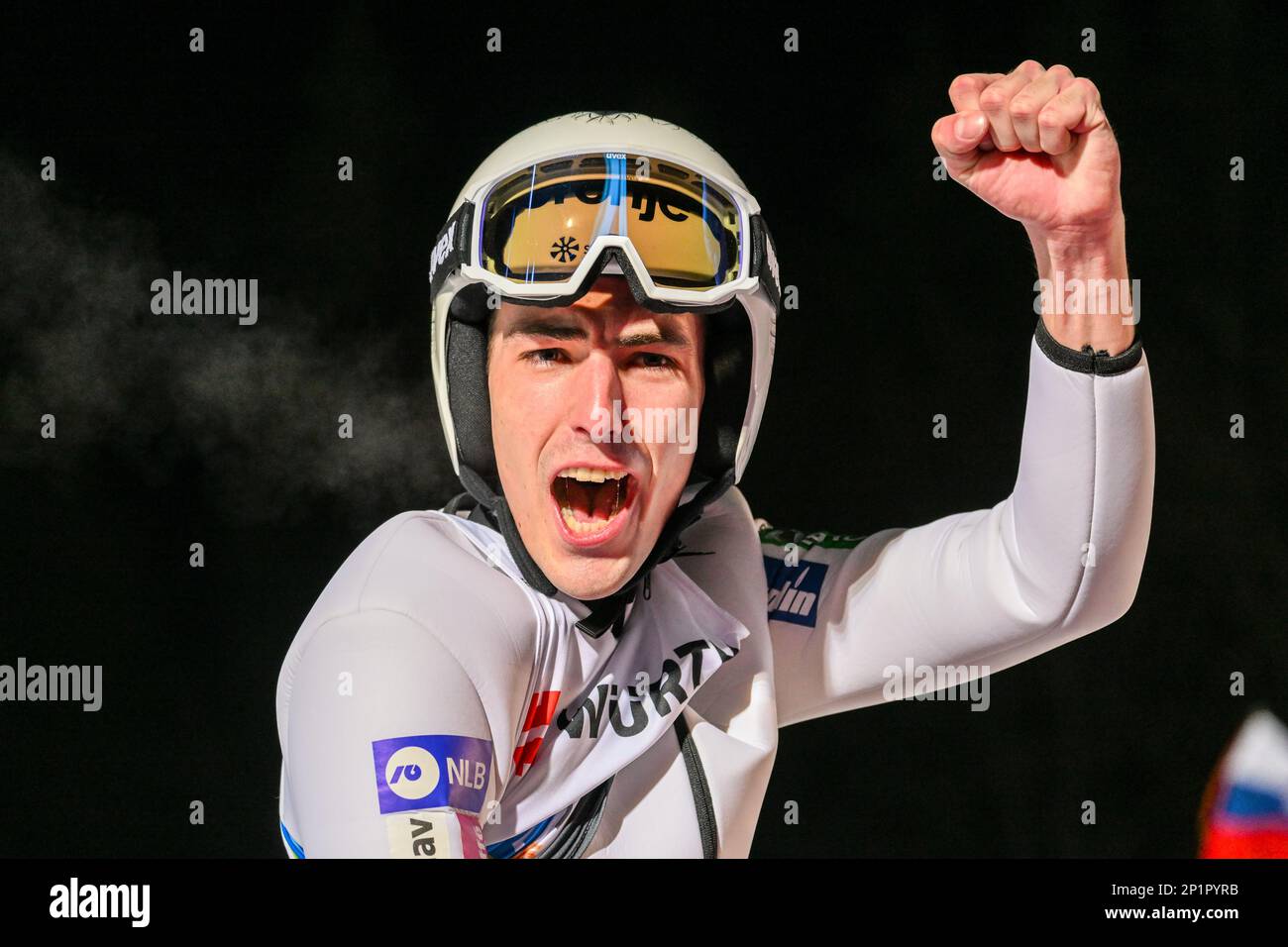 Planica, Slowenien. 03. März 2023. Timi Zajc aus Slowenien feiert den ...