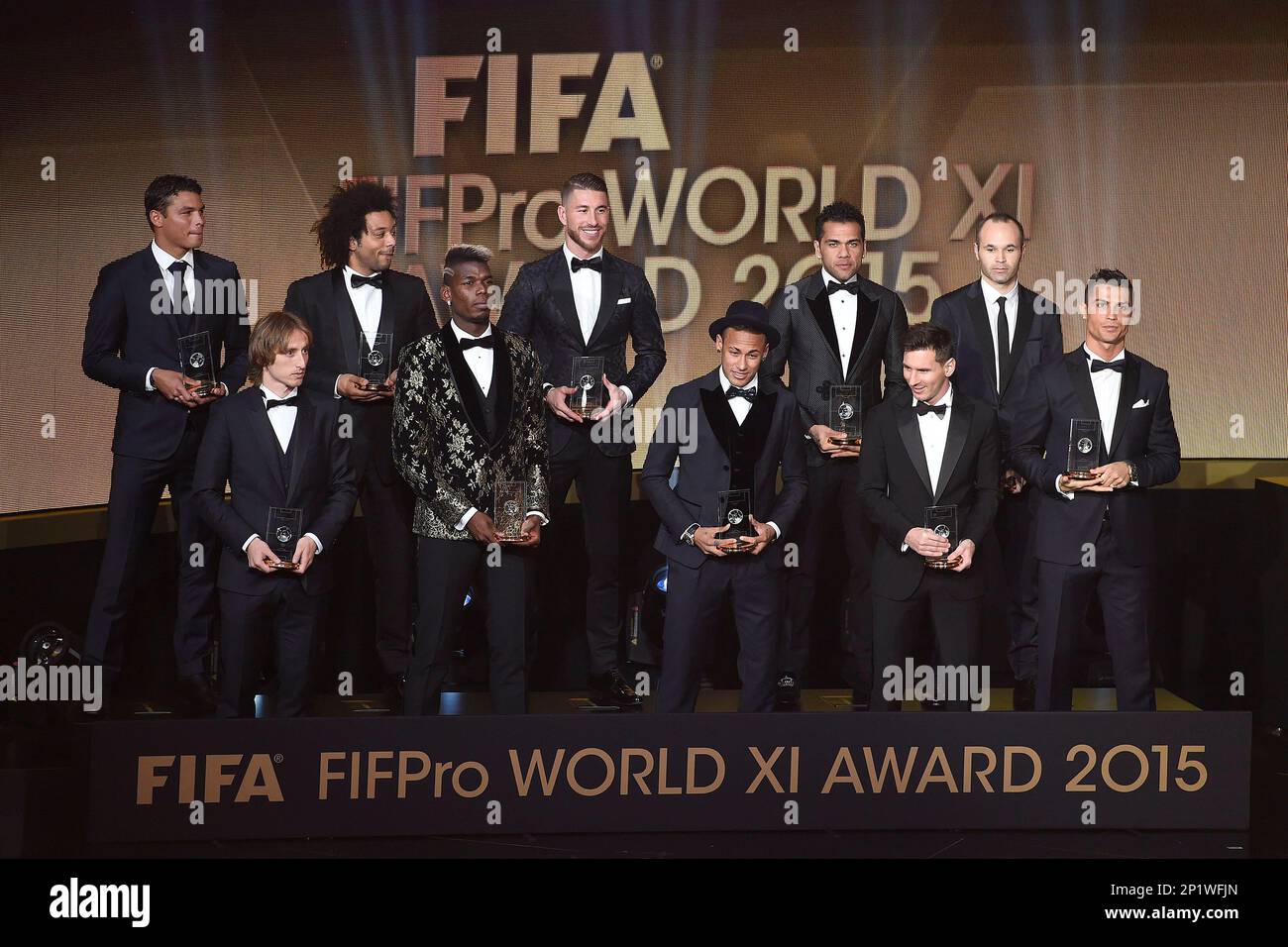 The FIFA/FIFPro World XI Team 2015 with Brazil's Thiago Silva, Croatia ...